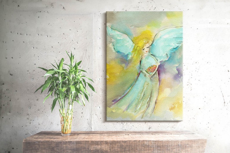 Watercolor Angel Christian Wall Decoration, Creamy Christian Canvas ...
