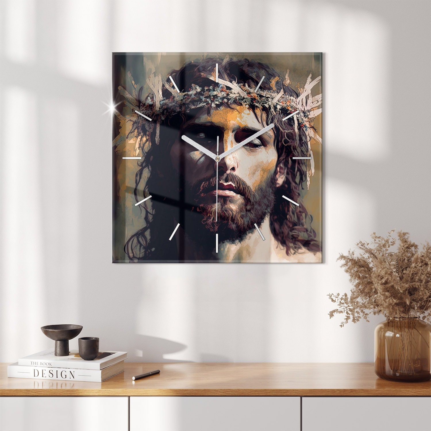Jesus Crown of Thorns Print Clock, Colorful Tempered Glass Clock, Wall ...
