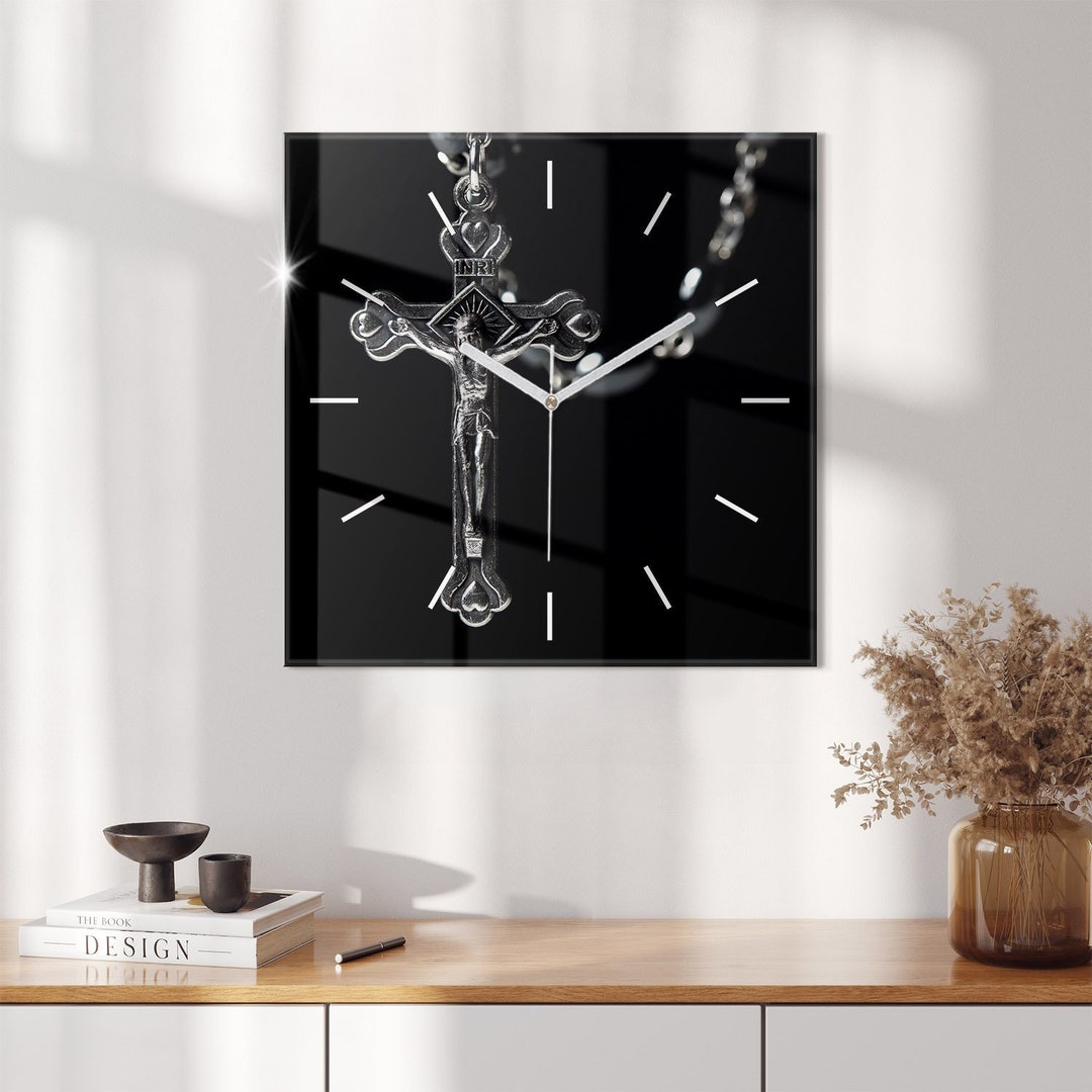 Rosary and Cross Tempered Glass Clock, Black Print Clock, Minimalistic ...
