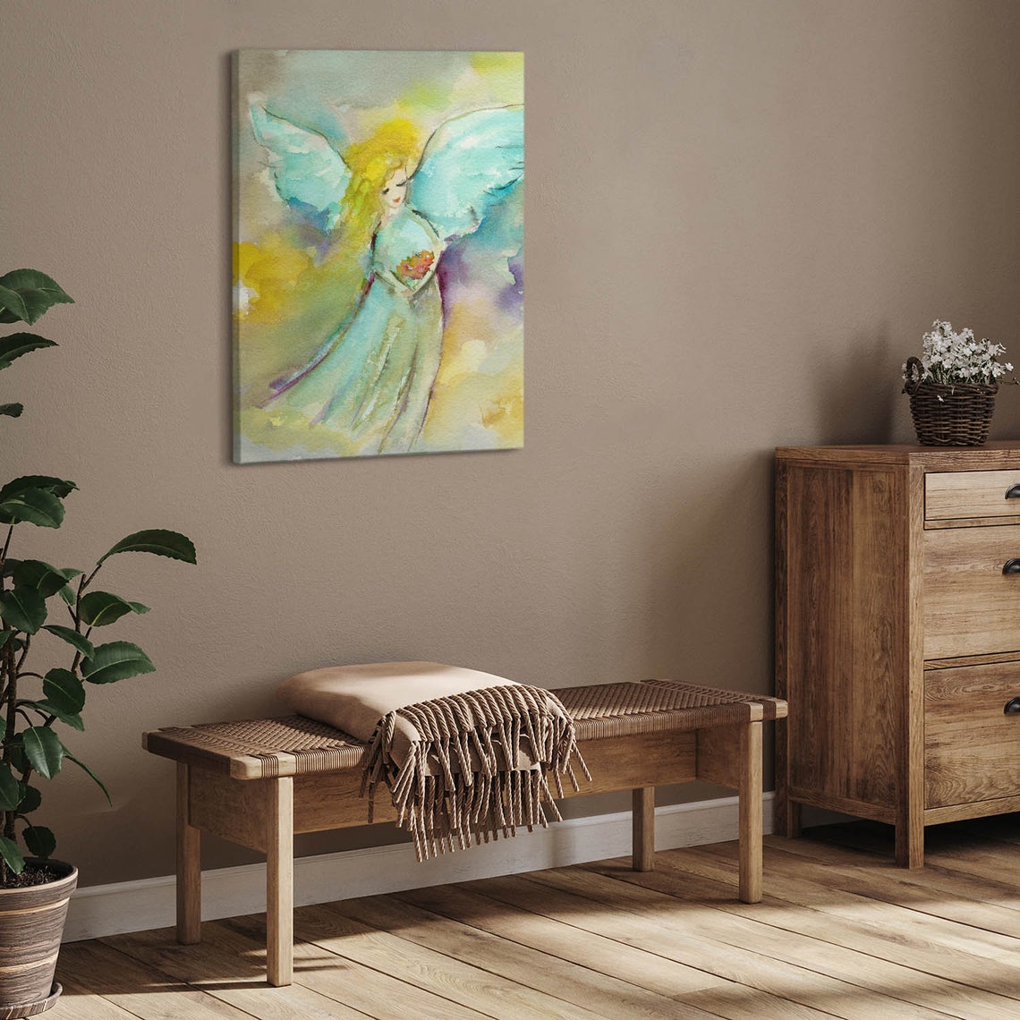 Watercolor Angel Christian Wall Decoration, Creamy Christian Canvas ...