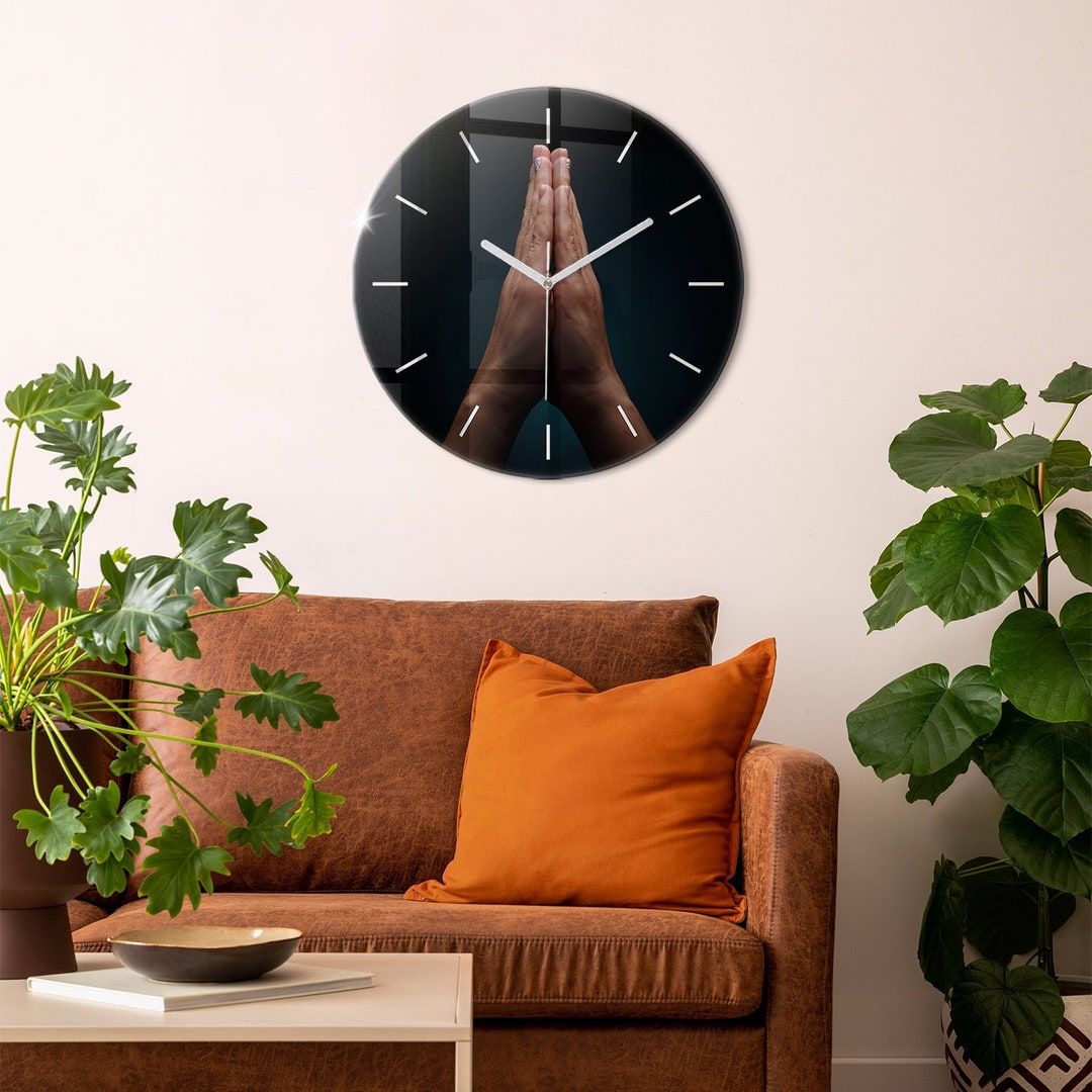 Folded Hands Praying Tempered Glass Clock, Black Print Clock ...