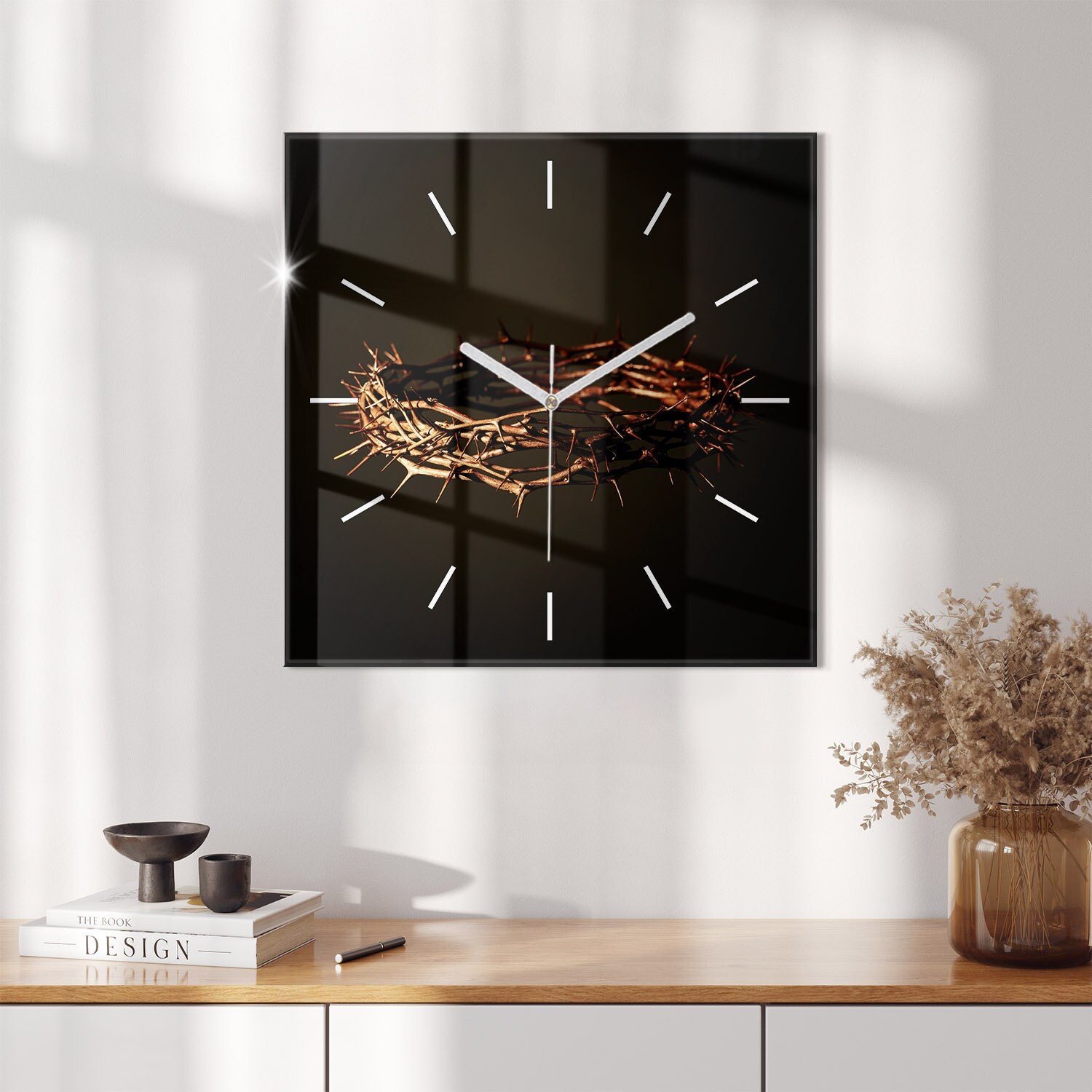 Jesus' Crown of Thorns Print Clock, Black Tempered Glass Clock, Wall ...