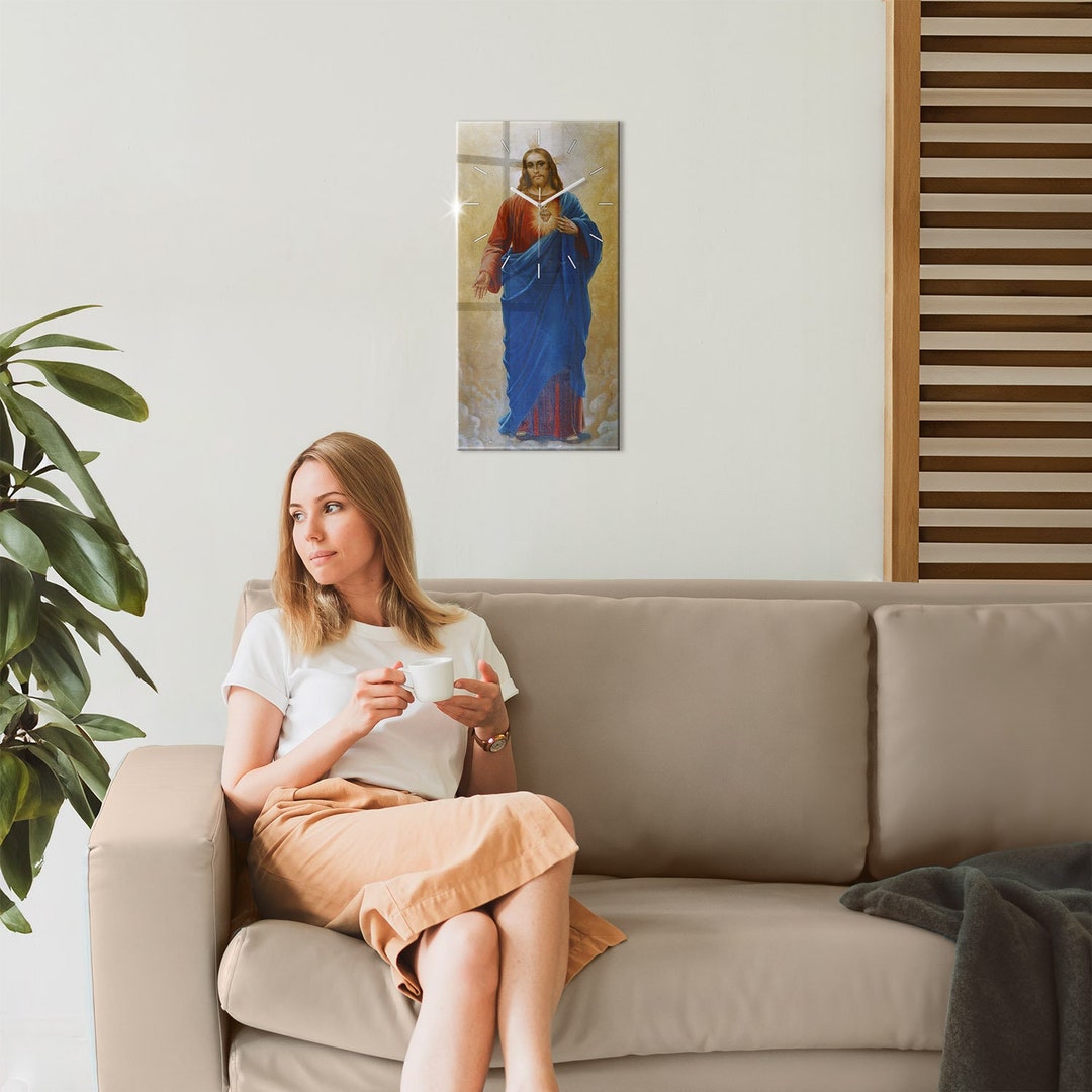 Saint Jesus Christ Glass Wall Clock, Golden Rectangular Clock, Tempered ...