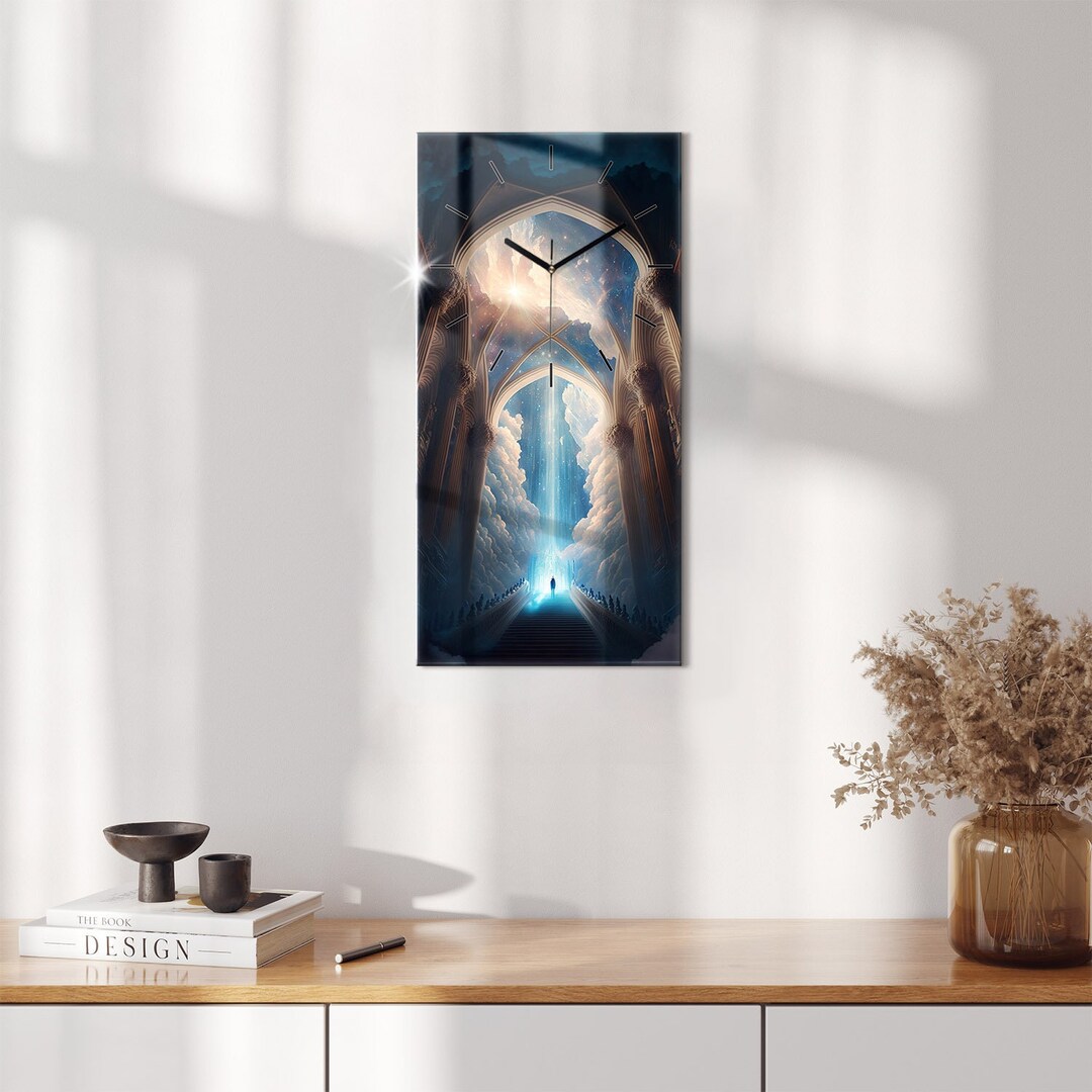 Sky Cathedral Illustration Glass Wall Clock, Blue Rectangular Clock ...