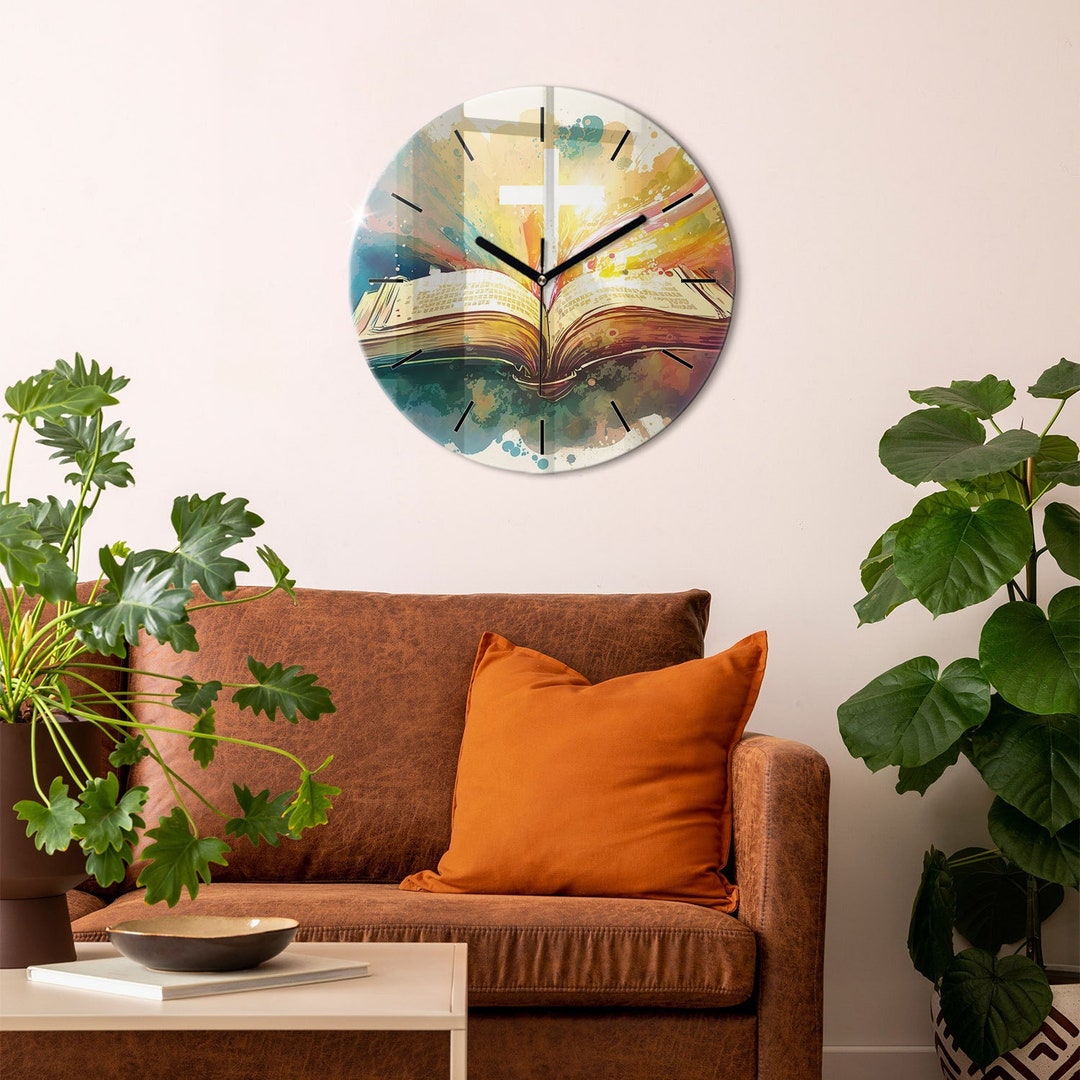 Bible Holy Bible Cross Tempered Glass Clock, Colorful Print Clock ...