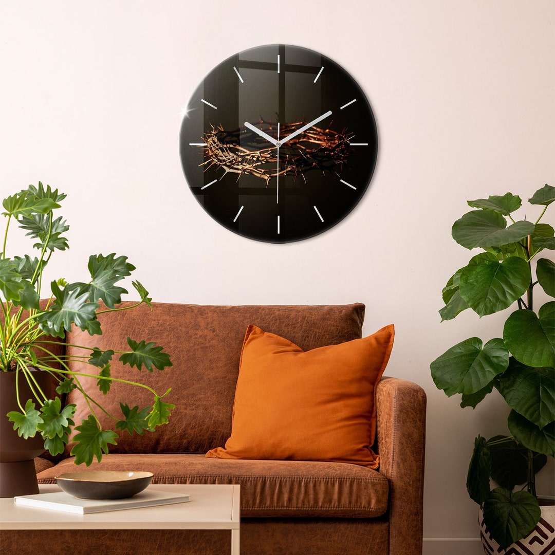 Jesus' Crown of Thorns Print Clock, Black Tempered Glass Clock, Wall ...