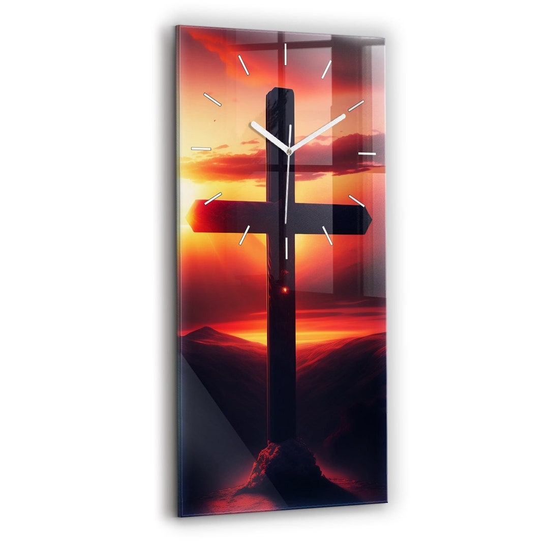 Cross and Sunset Glass Wall Clock, Red Rectangular Clock, Minimalistic ...