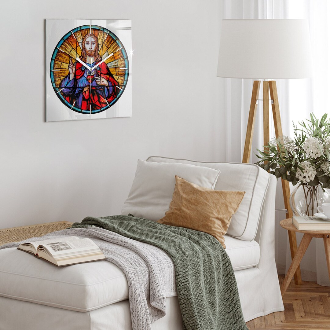 Stained Glass Window Jesus Christ Print Clock, Colorful Tempered Glass ...