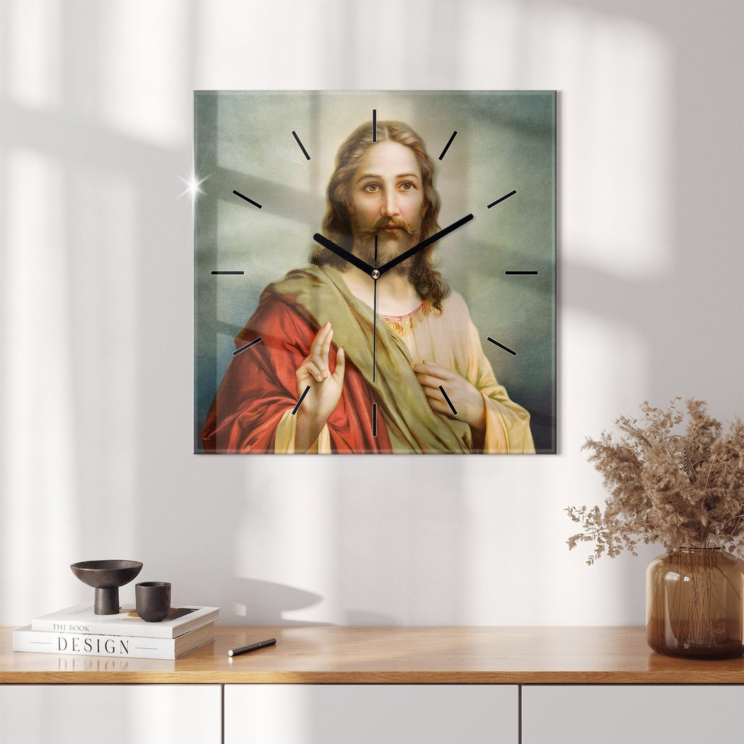 Portrait of Jesus Christ Tempered Glass Clock, Colorful Print Clock ...