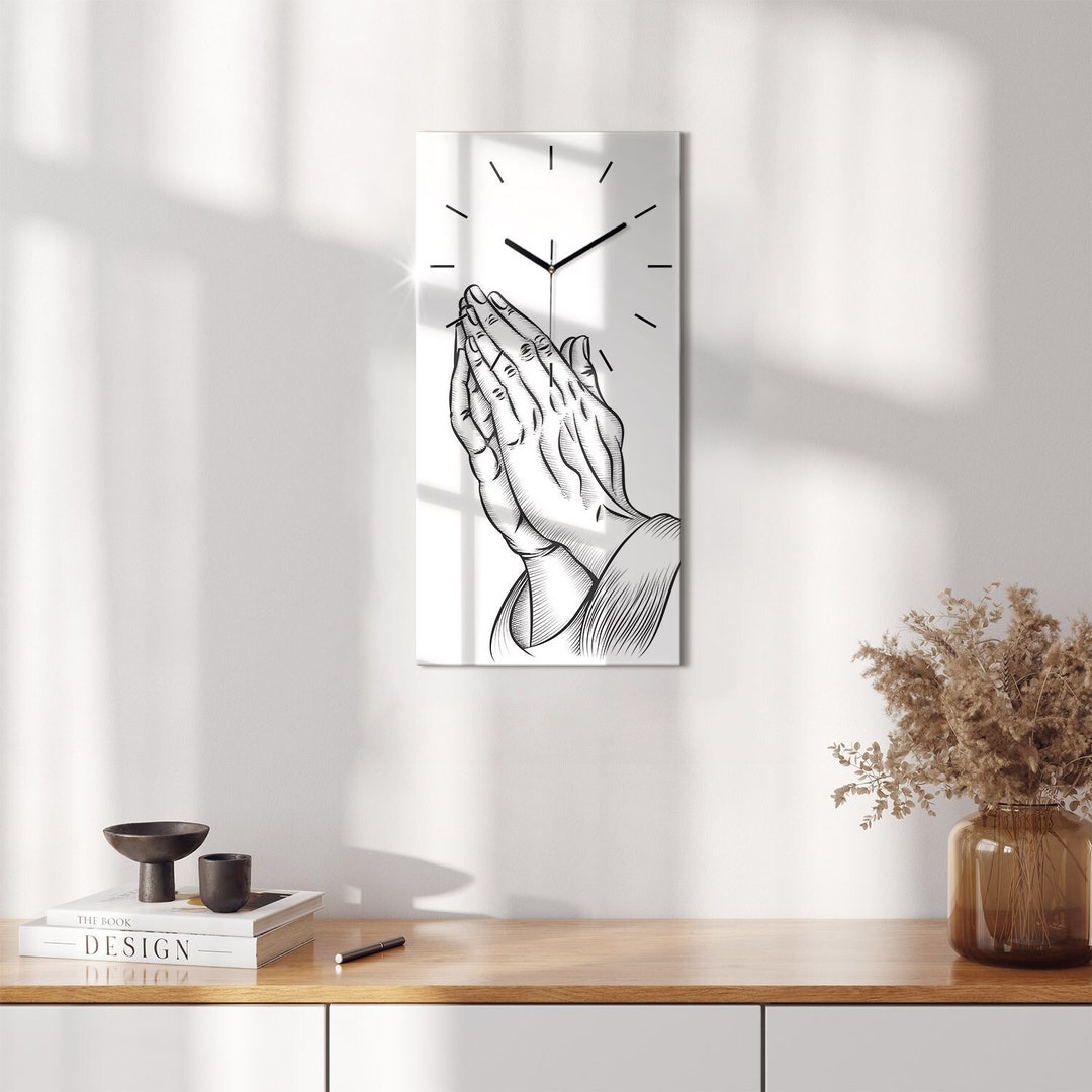 Hands in Prayer Glass Wall Clock, White Rectangular Clock, Minimalistic ...
