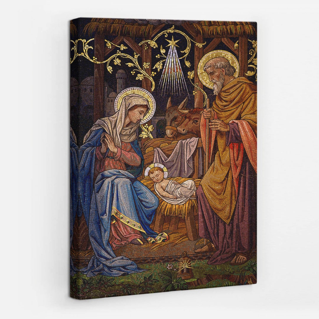 Holy Family Stable Christian Wall Art, Brown Religious Canvas Art ...