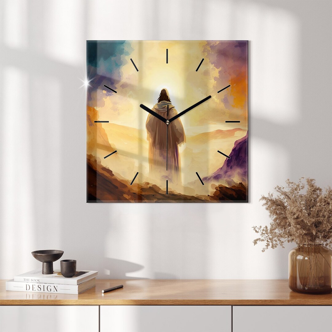 Jesus Sacred Illustration Print Clock, Beige Tempered Glass Clock, Wall ...