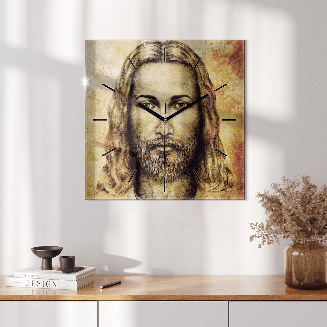 Drawing Jesus Lord Tempered Glass Clock, Beige Print Clock, Hanging ...