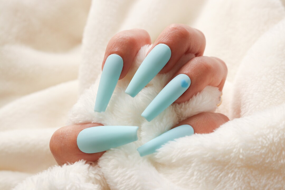 Matte Blue Fake Nails | Matte Blue Press on Nails | Long Coffin Gel ...