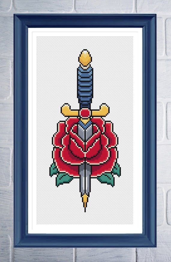 American Traditional Rose and Dagger Tattoo Cross Stitch - Etsy
