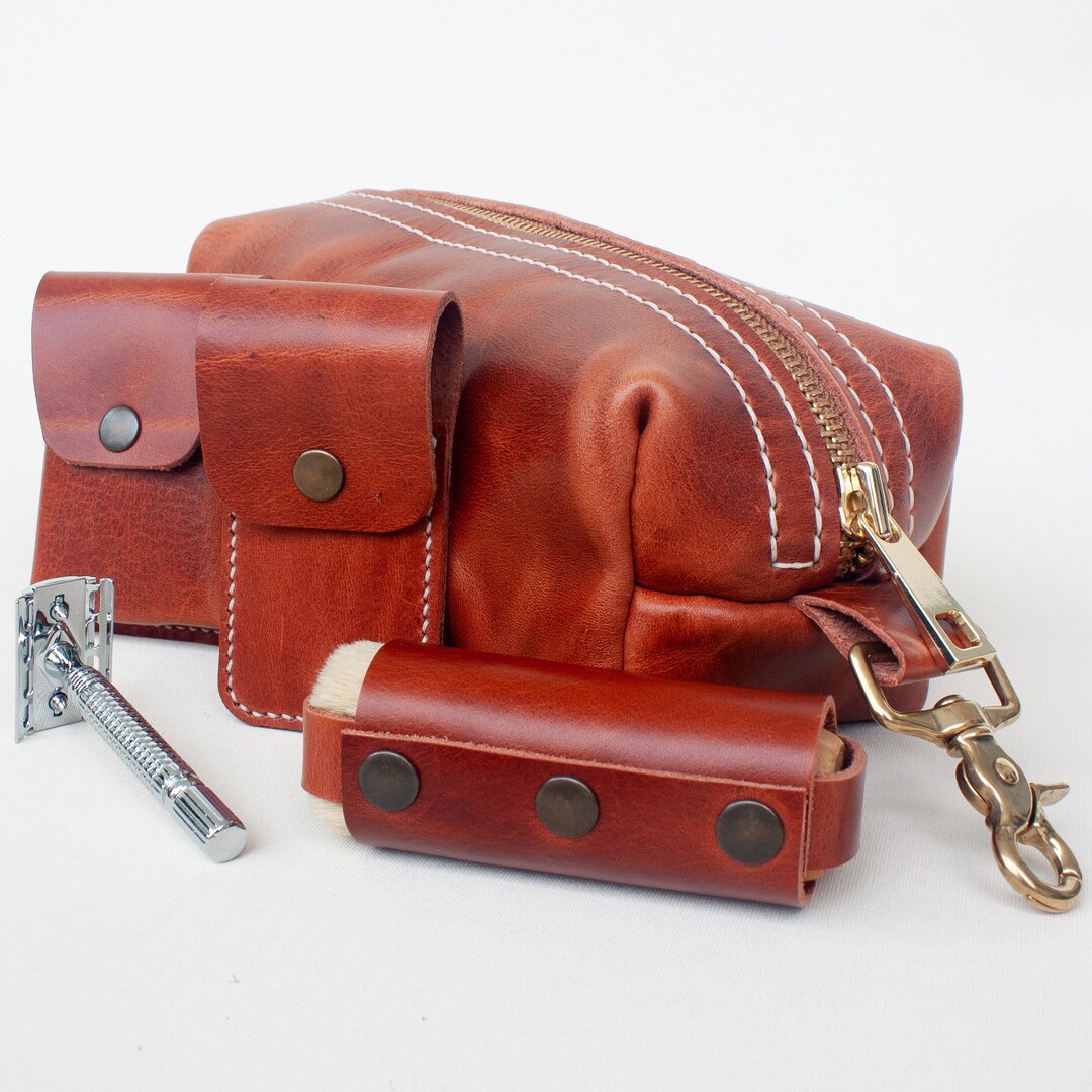 Leather Dopp Kit, Shaving Set, Mens Leather Toiletry Bag, Safety Razor ...