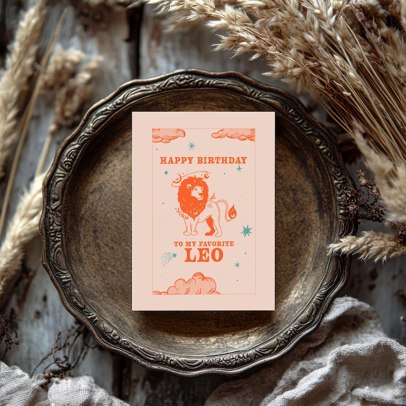 Leo Birthday Card Leo Retro Zodiac Sign Custom Card Happy Birthday Card ...
