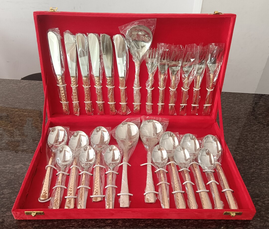 Copper Cutlery Set With Gifting Box 27 Pcs Set, for Restaurant Serving ...