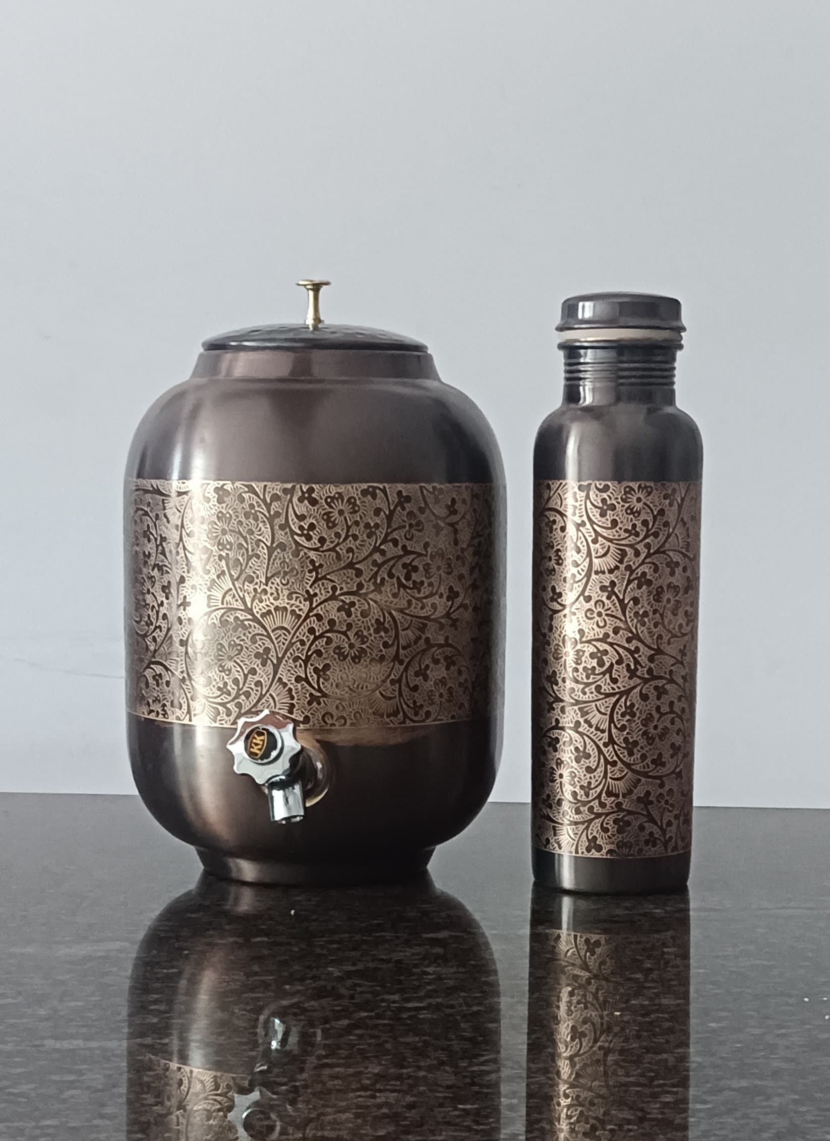 Copper Hand Carving Embossed Black Finish Water Matka Dispenser Jar ...