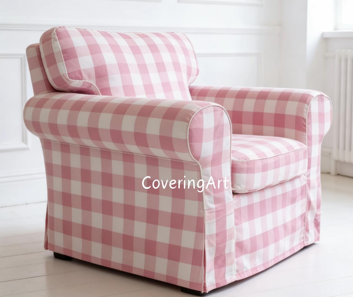IKEA EKTORP Single Chair Cover - Coral Pink Plaid Couch Cover ...