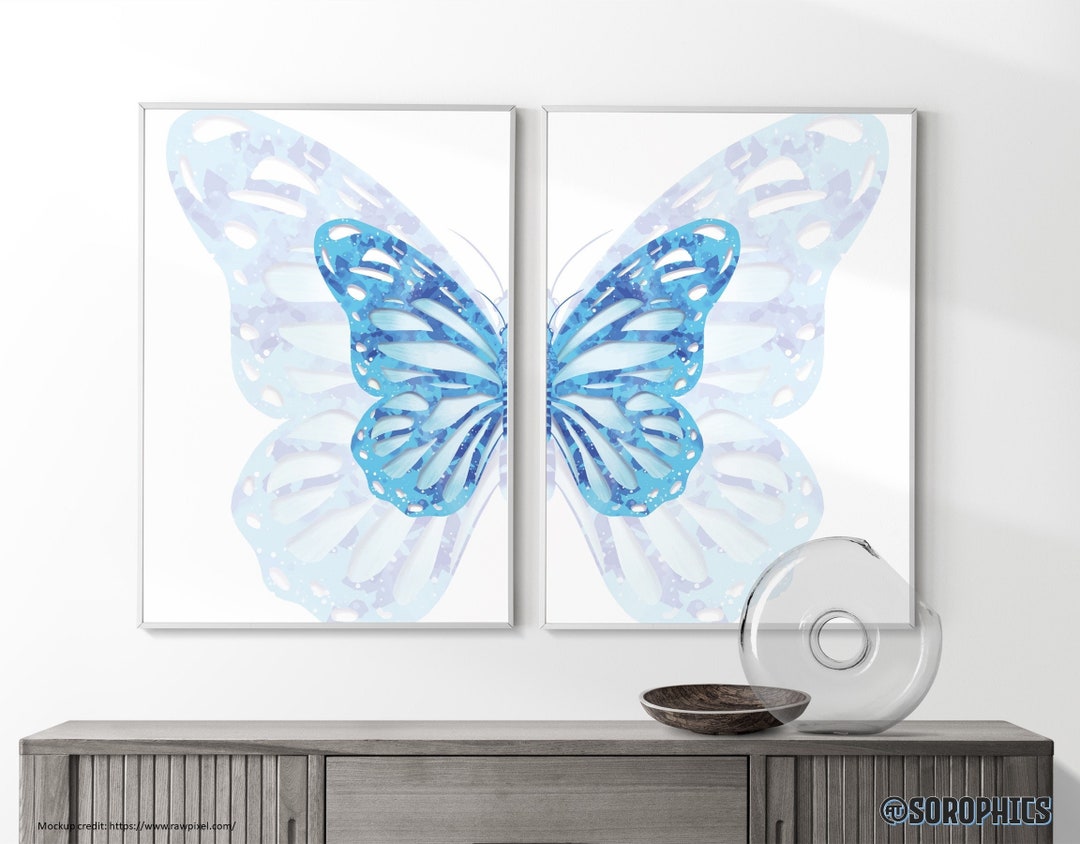 Printable Wall Art, Blue Butterfly Print, Butterfly Wall Art, Set of ...