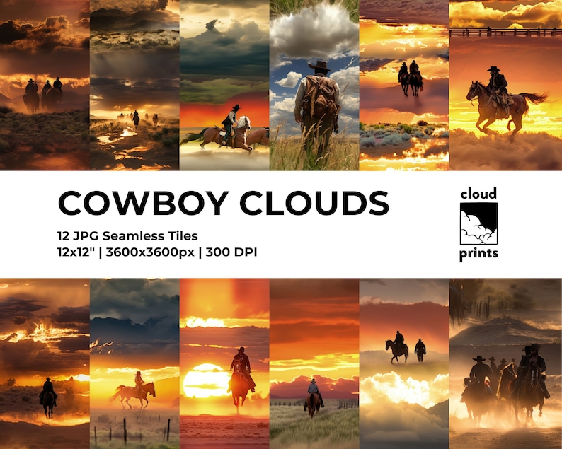 Cowboy Clouds Digital Paper - Seamless Files, Western Printable Art ...