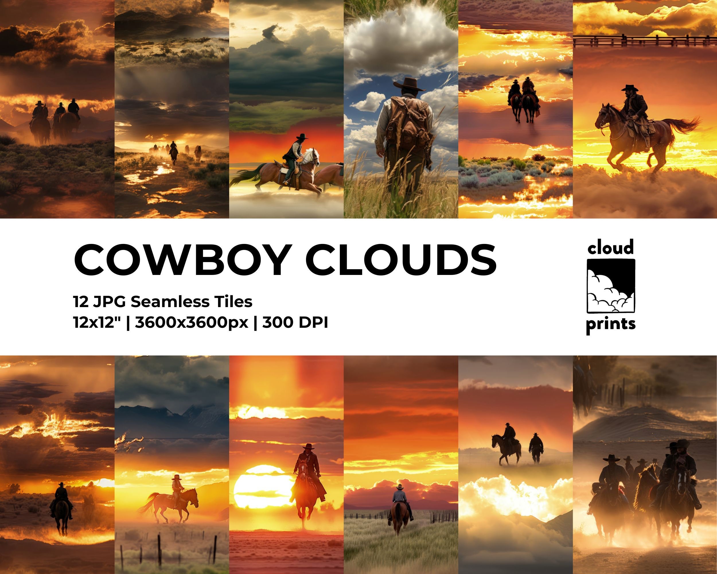Cowboy Clouds Digital Paper - Seamless Files, Western Printable Art, JPG Instant Download ...