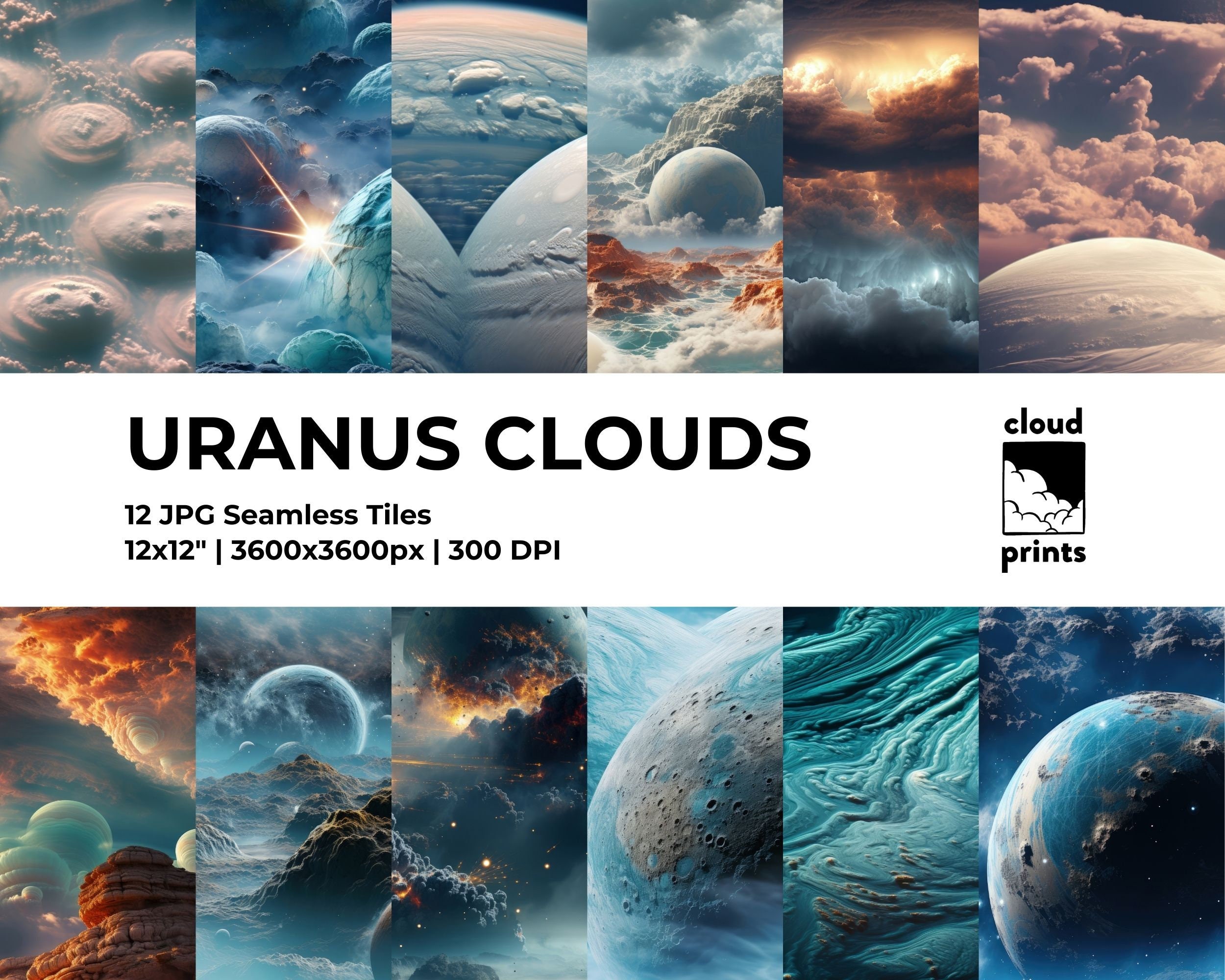 Uranus Clouds Digital Paper - Seamless Patterns, Planet Art, Blue Prints Outer Space Theme ...