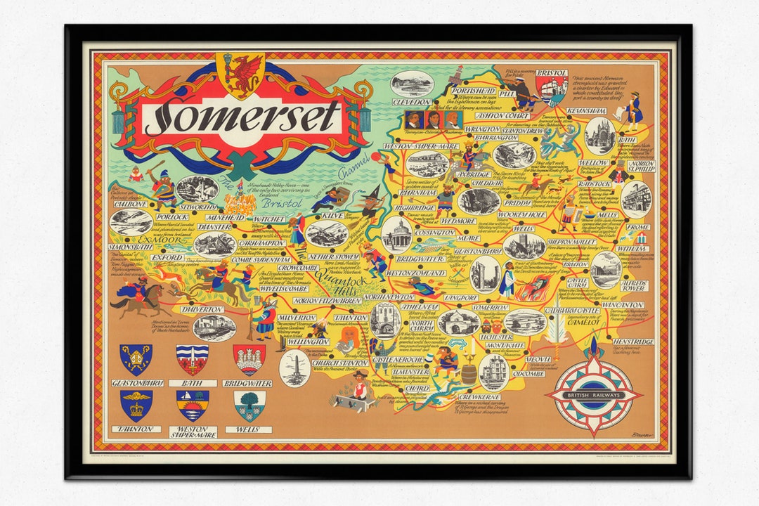 Vintage Map of Somerset, Illustrated Poster, South-west England ...