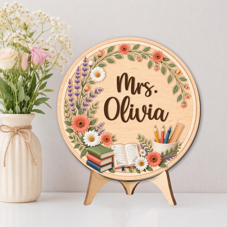 Personalized 3D Teacher Name Door Sign, Floral Teacher Door Hanger ...