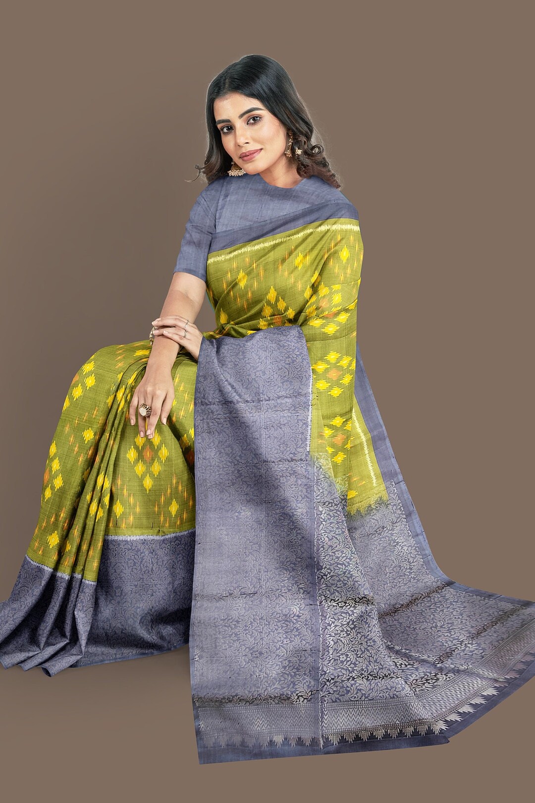 Mehandi Green With Mid Grey Brocade Patola Soft Silk Saree - Etsy