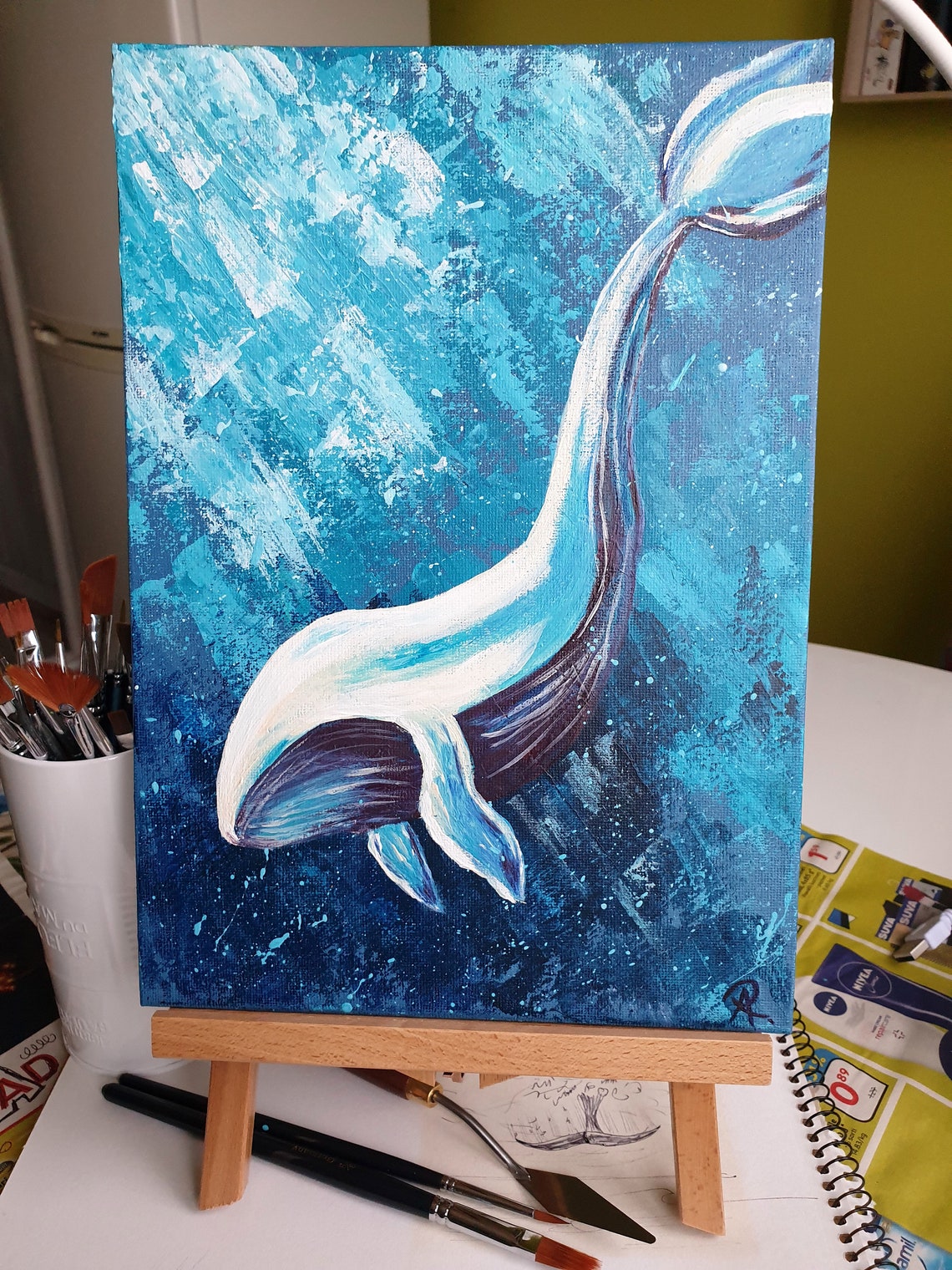 Whale Painting Original on Canvas Board Artwork Free Whale by - Etsy