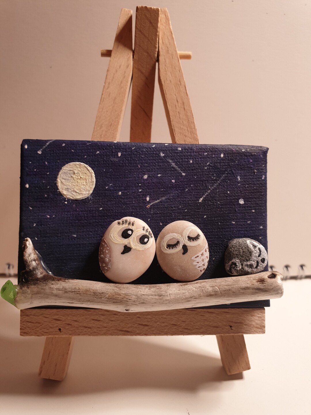 Owls Cat Pebble Art on Painted Canvas "the Night Date" With Easel ...