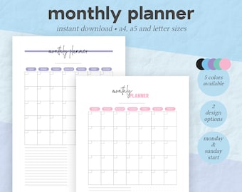 Monthly Planner Printable Pages. A4, A5, Letter and Half Letter Size ...
