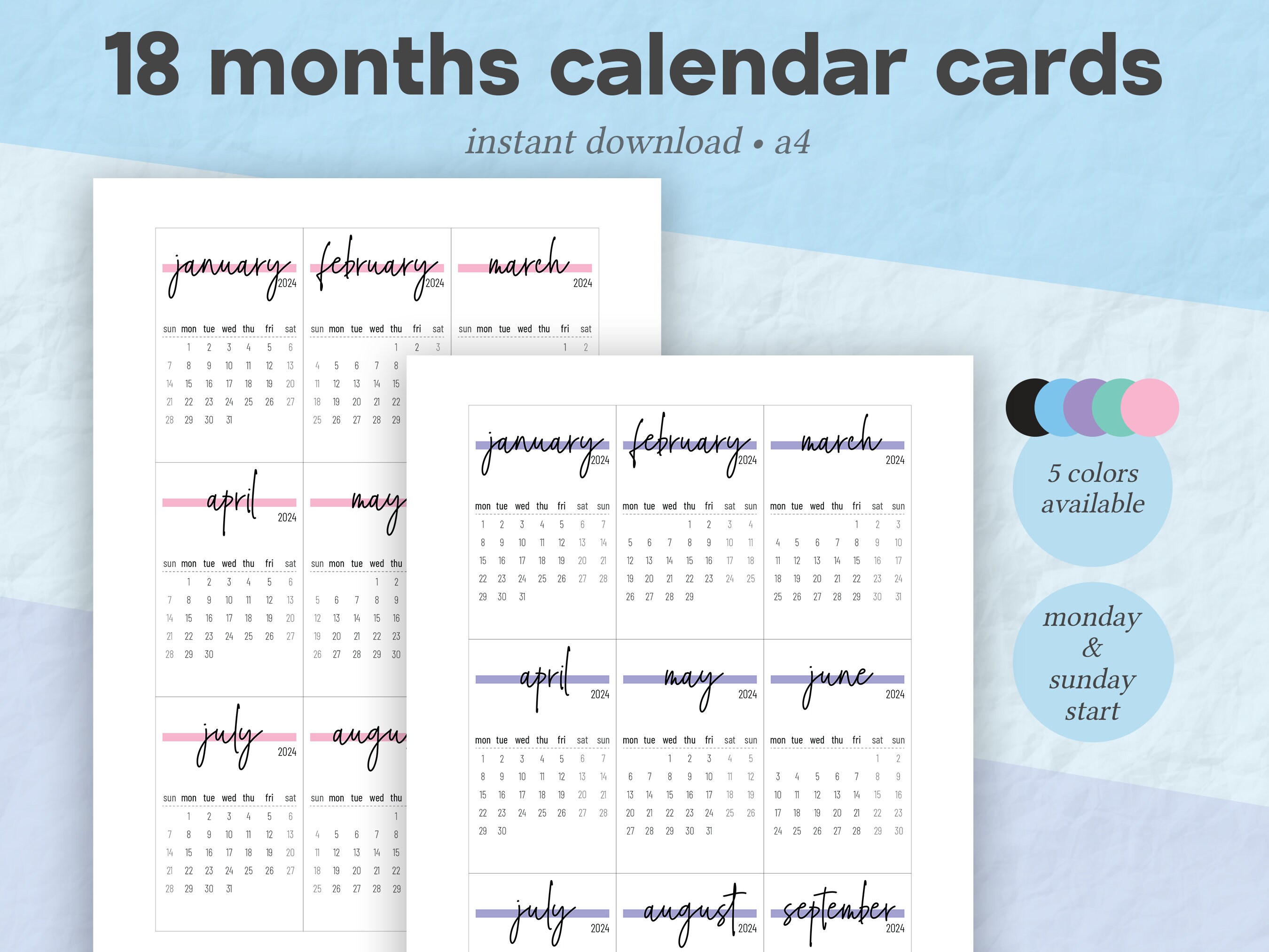 Printable 18 Months Calendar Planner Cards 2024/2025, A4 - Etsy