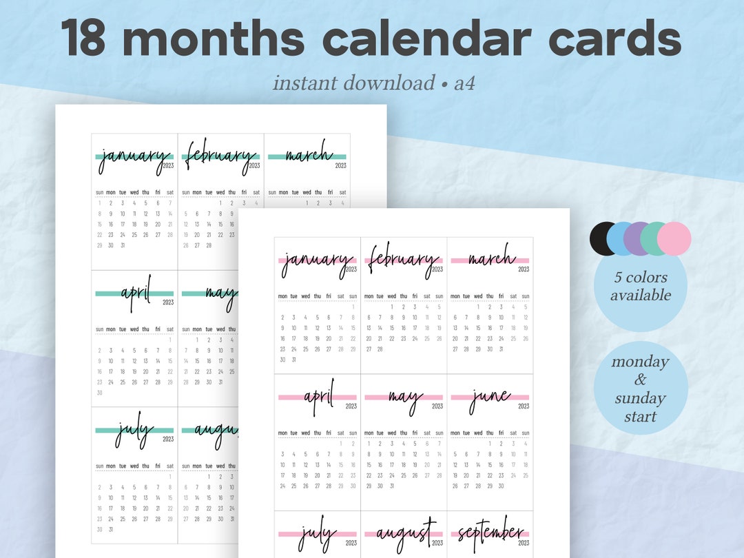Printable 18 Months Calendar Planner Cards 2023/2024, A4 - Etsy