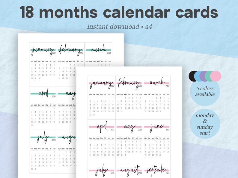 Printable 18 Months Calendar Planner Cards 2023/2024, A4 - Etsy