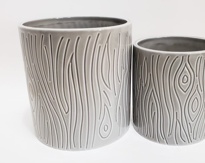 LARGE Gray Planter, Ceramic Wood Grain Look Pot, Heavy & Substantial ...