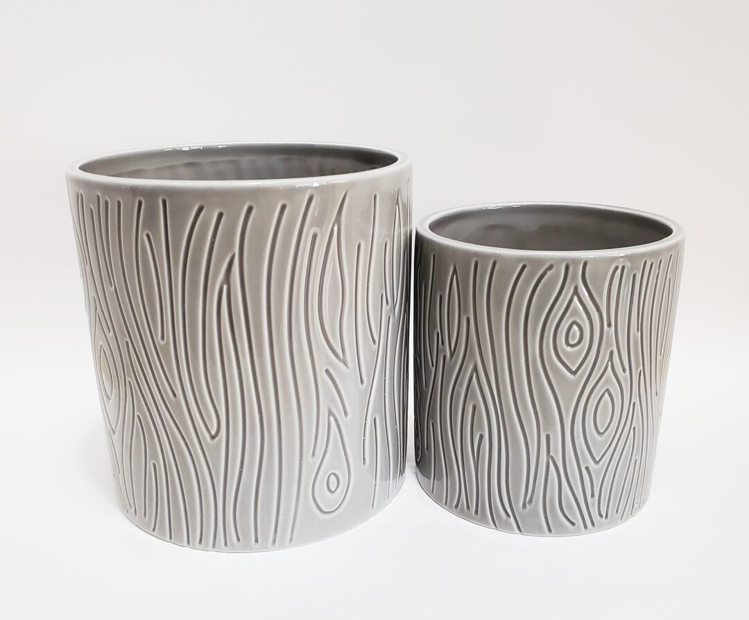 LARGE Gray Planter, Ceramic Wood Grain Look Pot, Heavy & Substantial ...