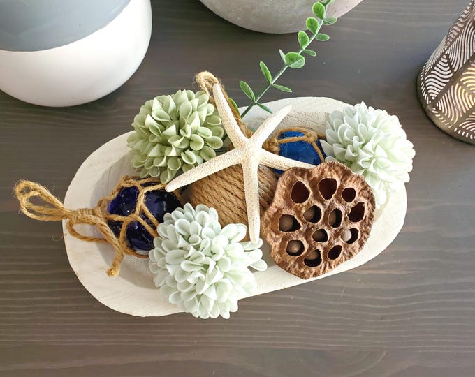 White Decorative Dough Bowl | Filled- Lotus Pod, Starfish, Blue Glass ...