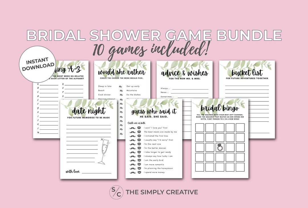 Eucalyptus Bridal Shower Game Bundle: 10 Printable Games (digital ...