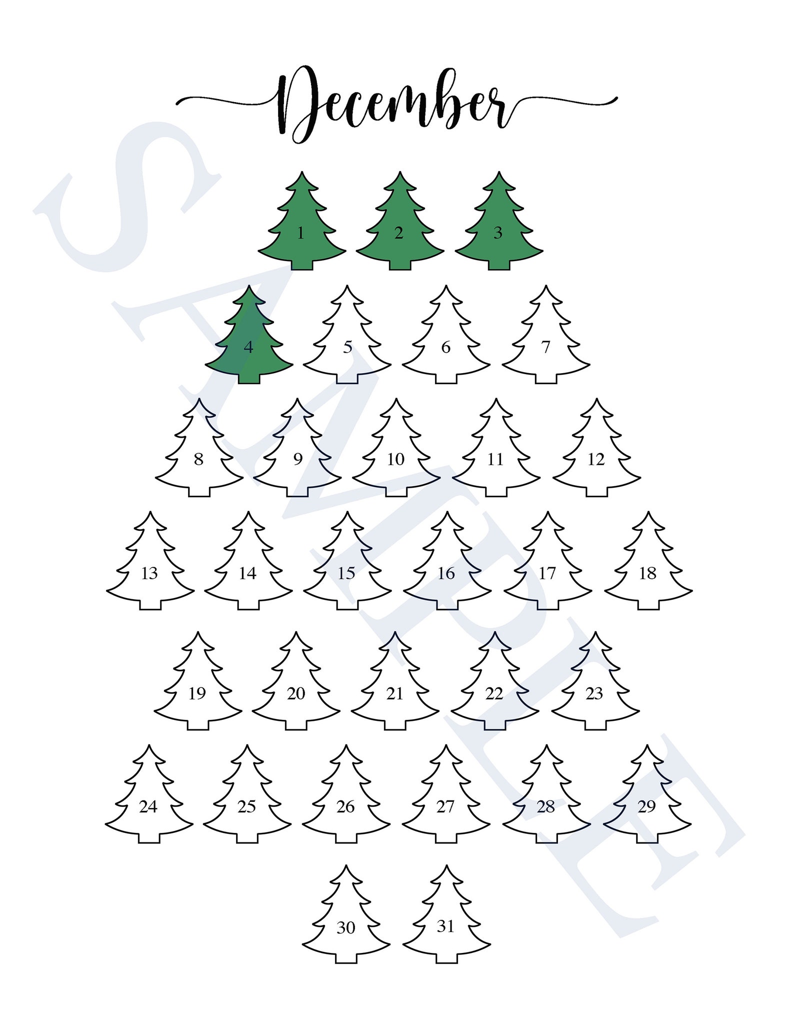 December Calendar Advent Habit Tracker Christmas Tree Digital Print - Etsy