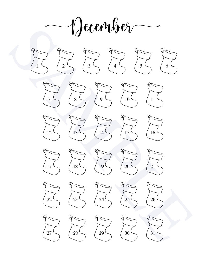 December Calendar Habit Tracker Advent Christmas Countdown Stockings ...