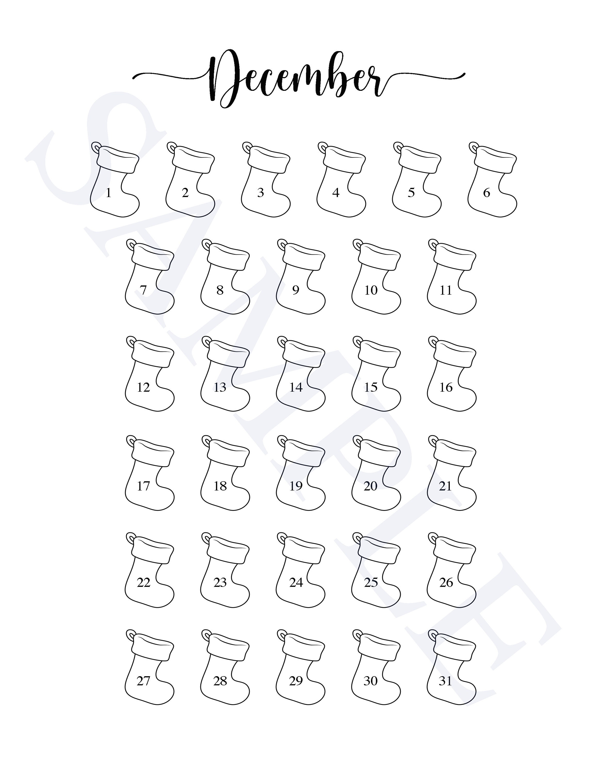 December Calendar Habit Tracker Advent Christmas Countdown Stockings ...