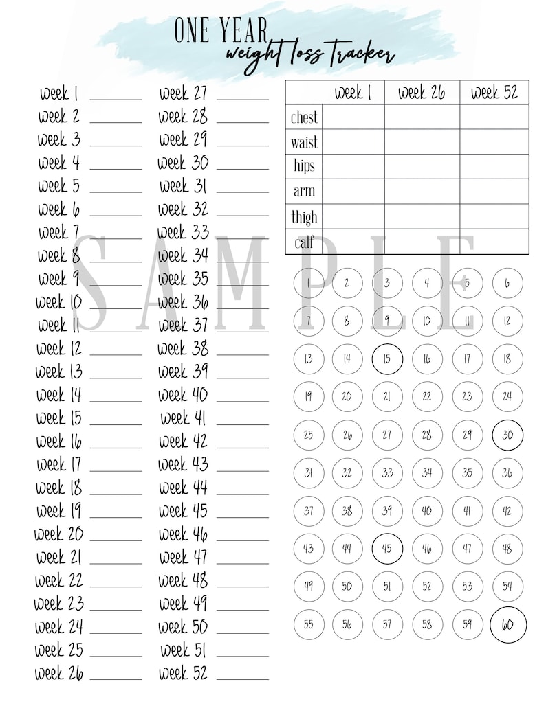 One Year 60 Pound Weight Loss Tracker, Motivation, 52 Weeks, Printable ...