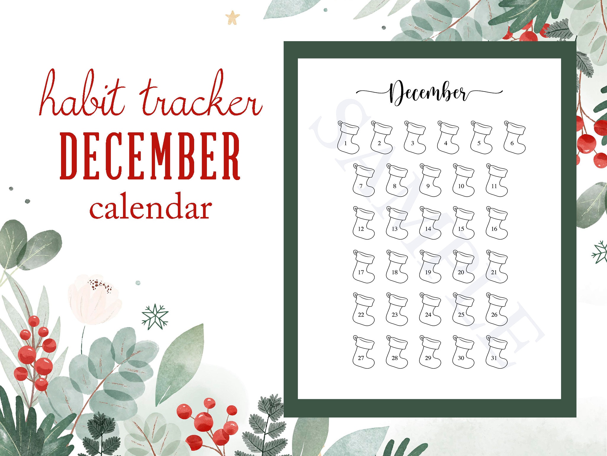 December Calendar Habit Tracker Advent Christmas Countdown Stockings ...
