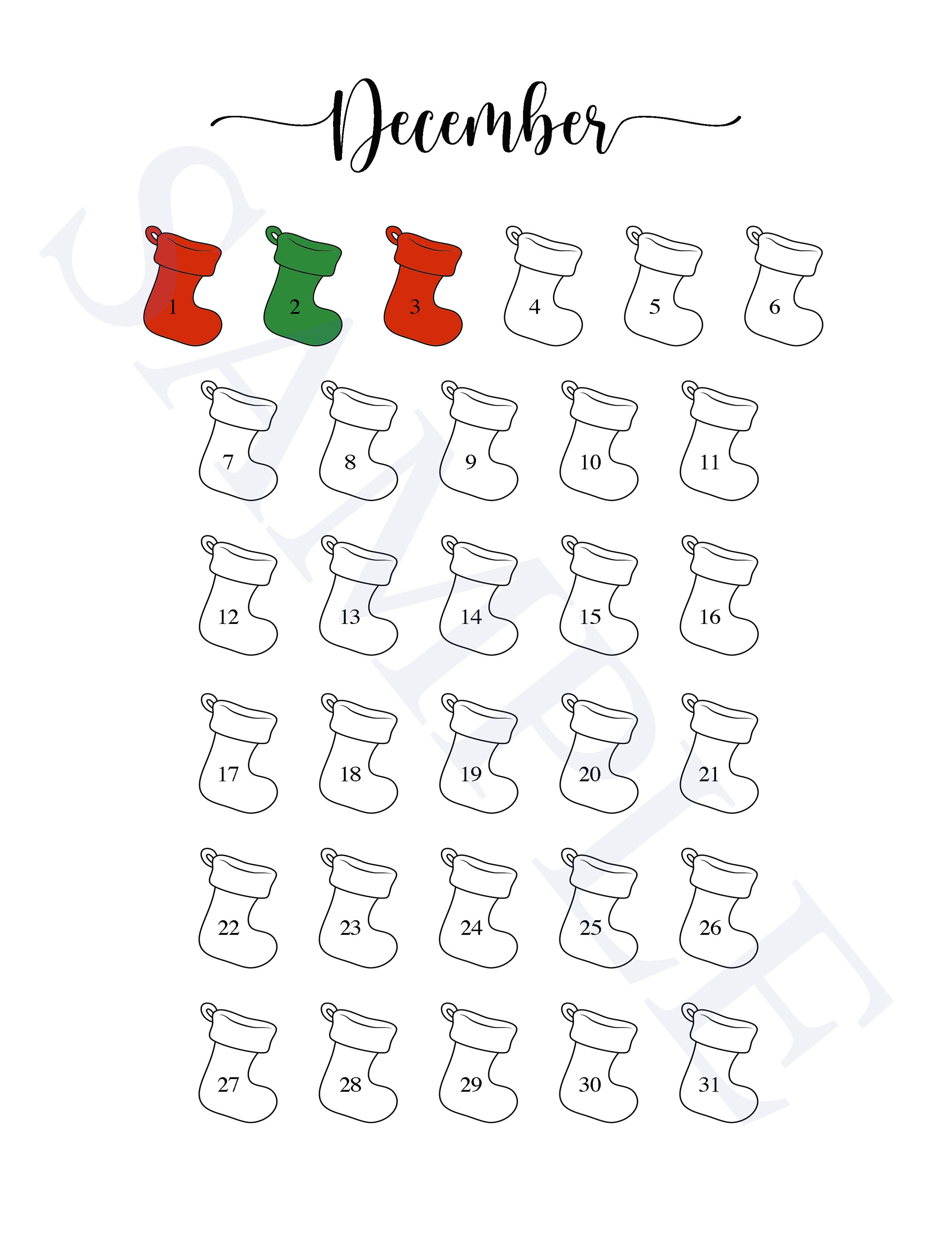 December Calendar Habit Tracker Advent Christmas Countdown Stockings ...