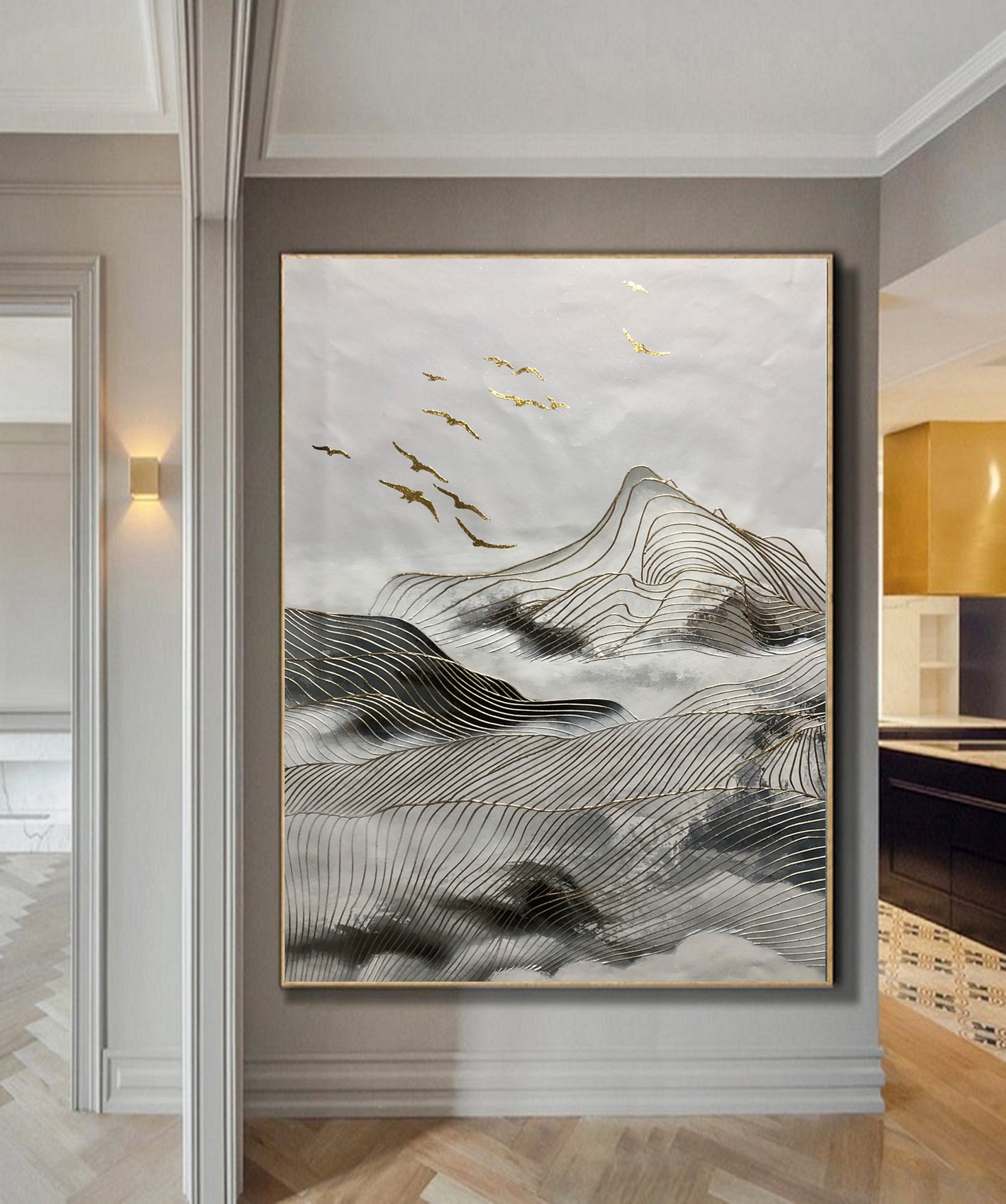 Gold Leaf Line Wall Art Large Oil Painting Abstract Mountain - Etsy