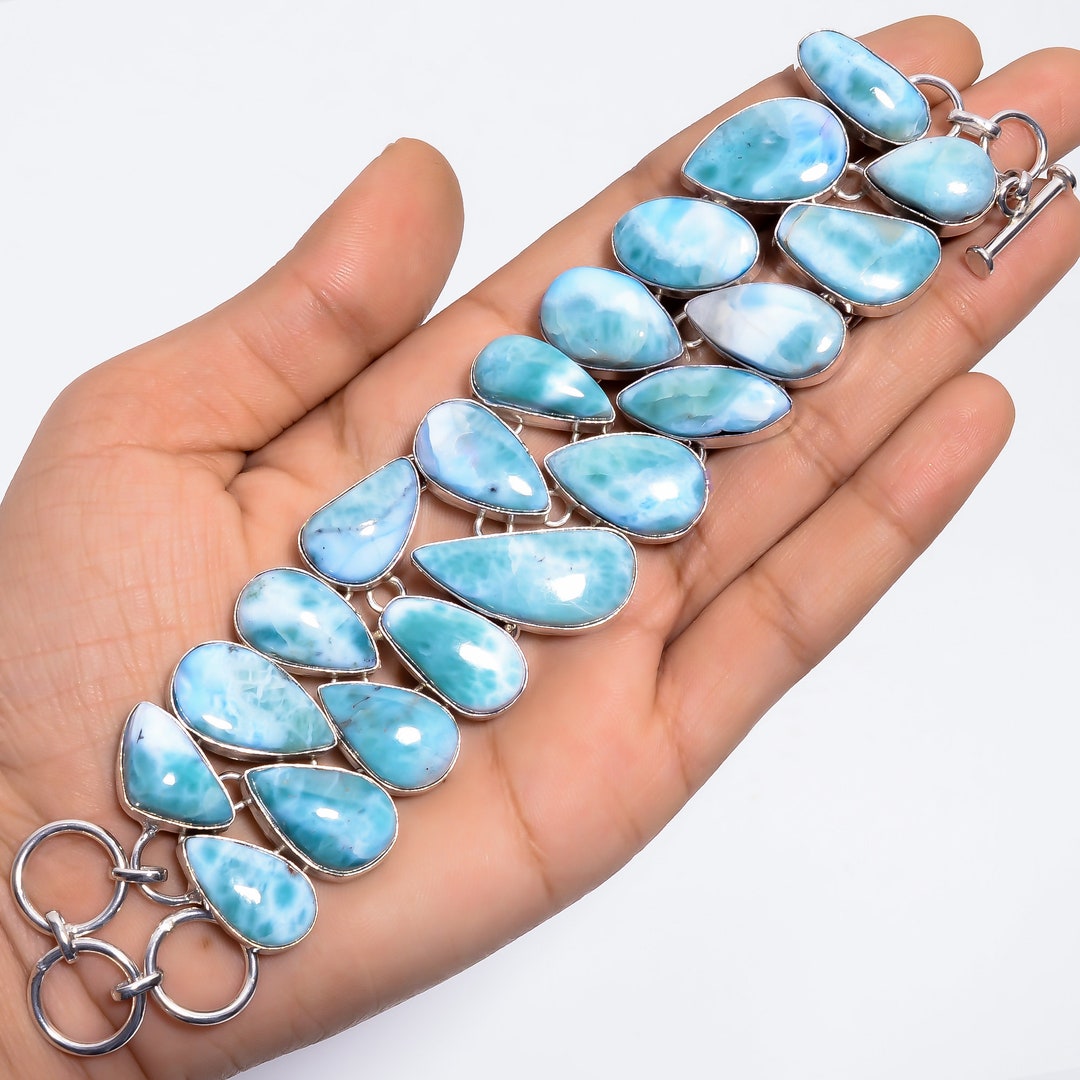 Larimar Gemstone Bracelet 925 Sterling Silver Bracelet Blue Larimar Bracelet Toggle Clasp ...