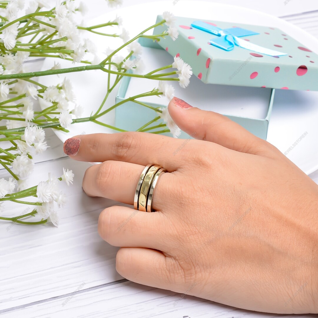 925 Sterling Silver Two Tone Ring | Gold Spinner Ring | Wide Hammered ...